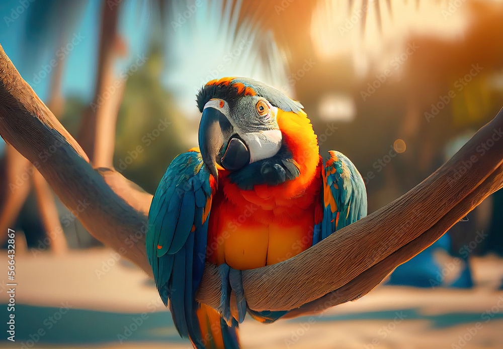 Portrait of an adorable lazy parrot laying in a panda on an ocean beach ...