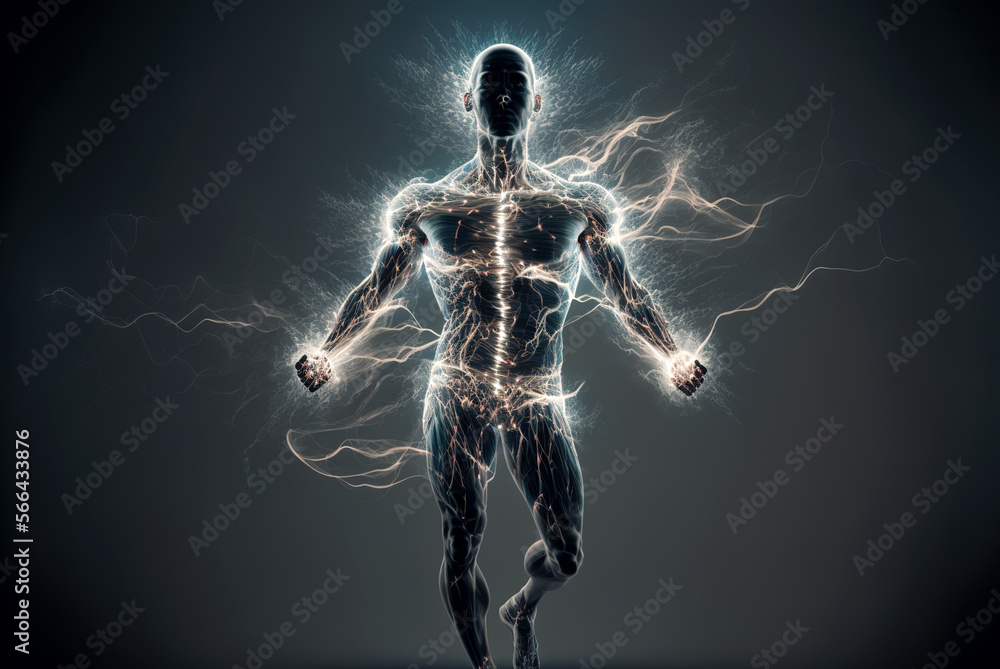 Man in lightning flashes, body silhouette with inner energy, generative ...