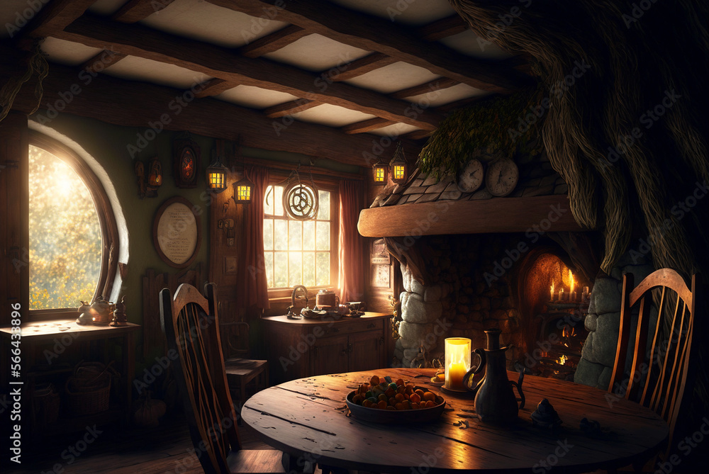 Hobbit house interior, candles, lamps and fireplace inside fantasy hut ...
