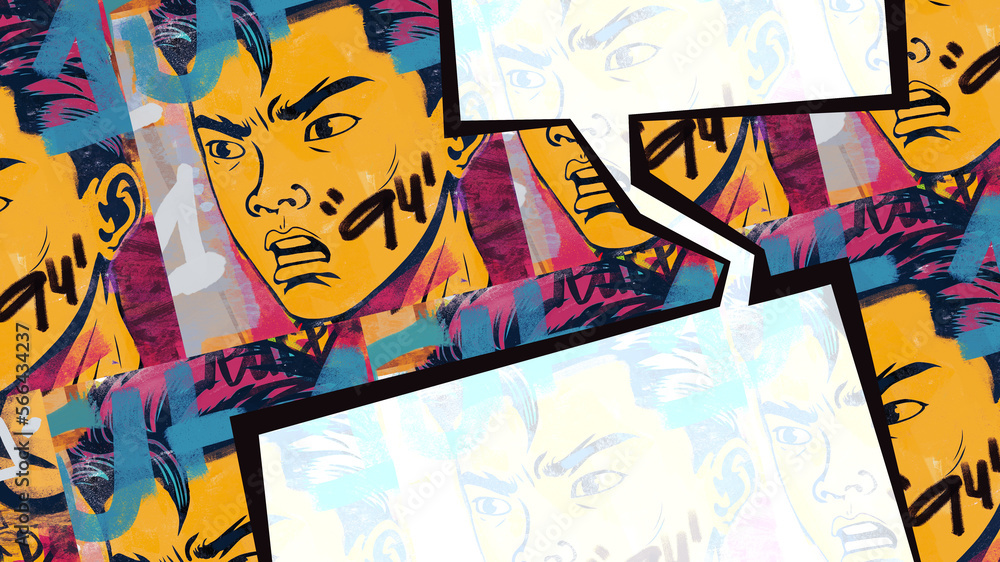 fresco with asian male portrait collage and empty bubble copy space ...