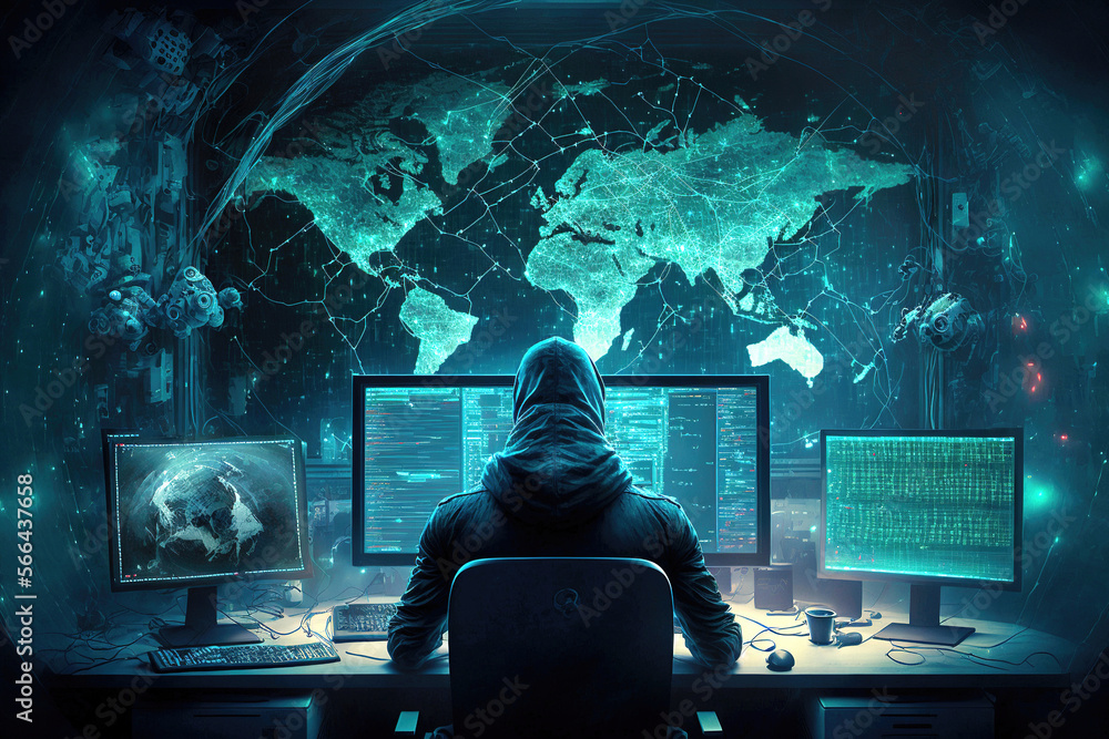 Genius hacker man sit with laptop try to get password or to enter ...