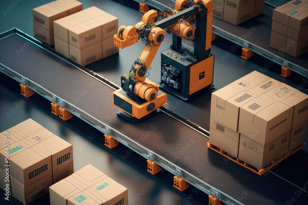 3D visualization of a warehouse automation system with robots and ...