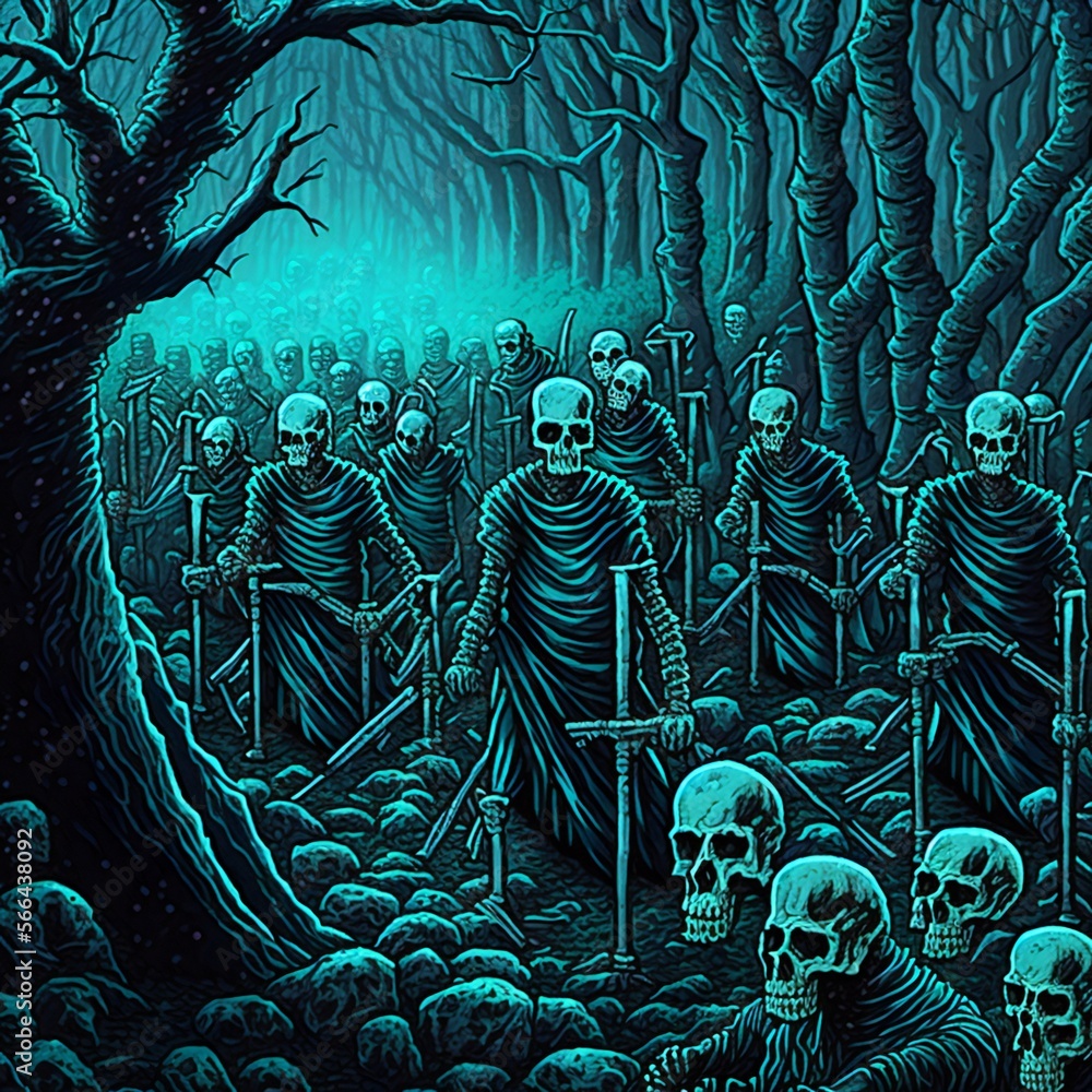 Retro Comic Book Image of an Undead Skeleton Army in a Cursed Forest ...