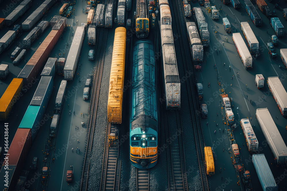 Overhead view of a busy train station with trains arriving and ...