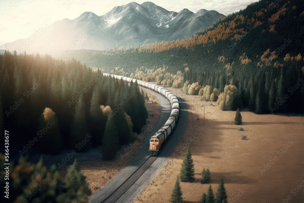 Overhead view of a freight train on a track, passing through fields ...