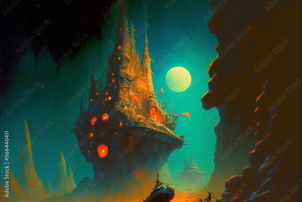 Epic Retro Space Kingdom with Castle, Wrecked Spacecraft, Stars, Moon ...