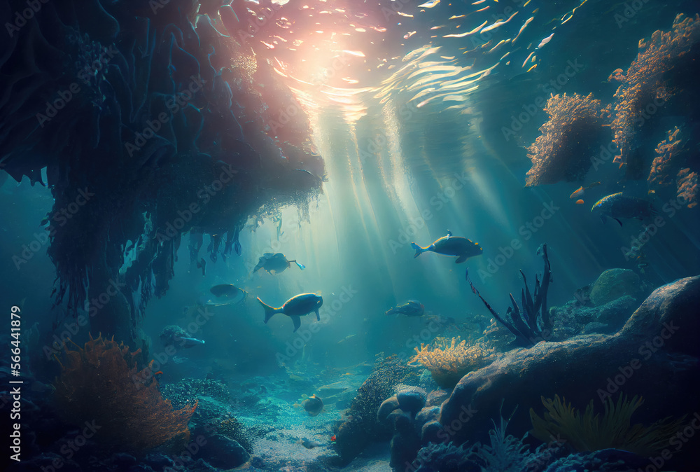 Deep sea and aquatic life with sunshine background. Marine life and ...