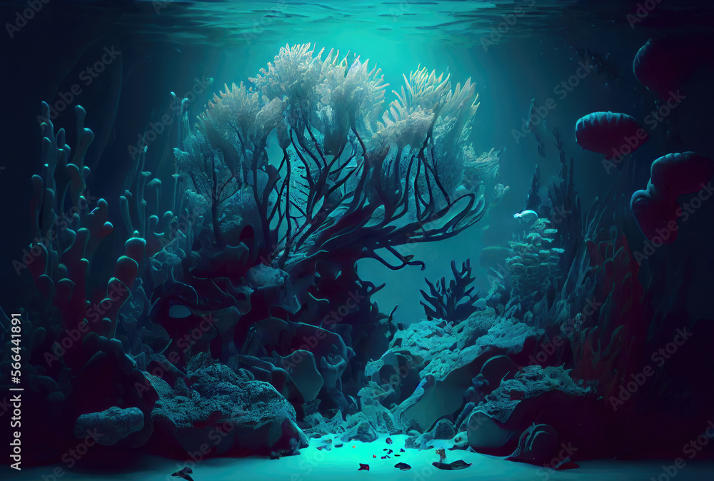 Deep sea and aquatic life with sunshine background. Marine life and ...