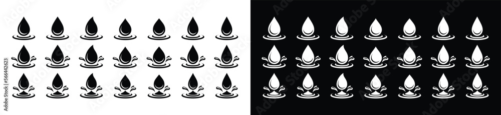 Water drop and splash icon set. Splashing water droplets icon ...
