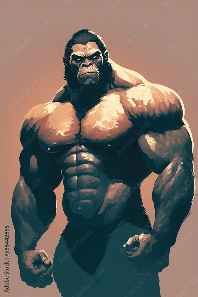 Strong and serious gorilla in fit muscular bodybuilder. Vertical ...