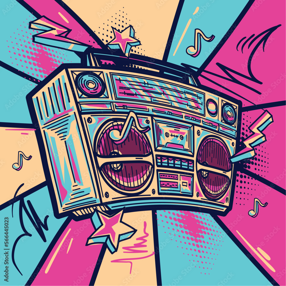 Music design - hand drawn colorful boom box tape recorder and musical ...