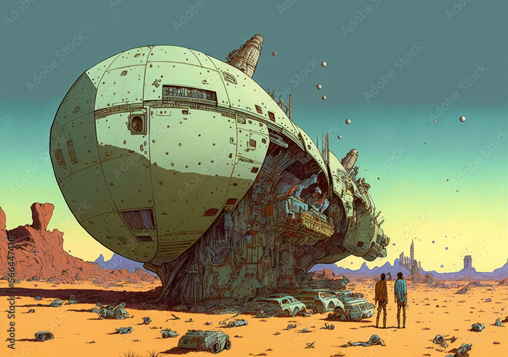 Graphic Novel Style Image of Two Men on an Alien Planet with Many Moons ...