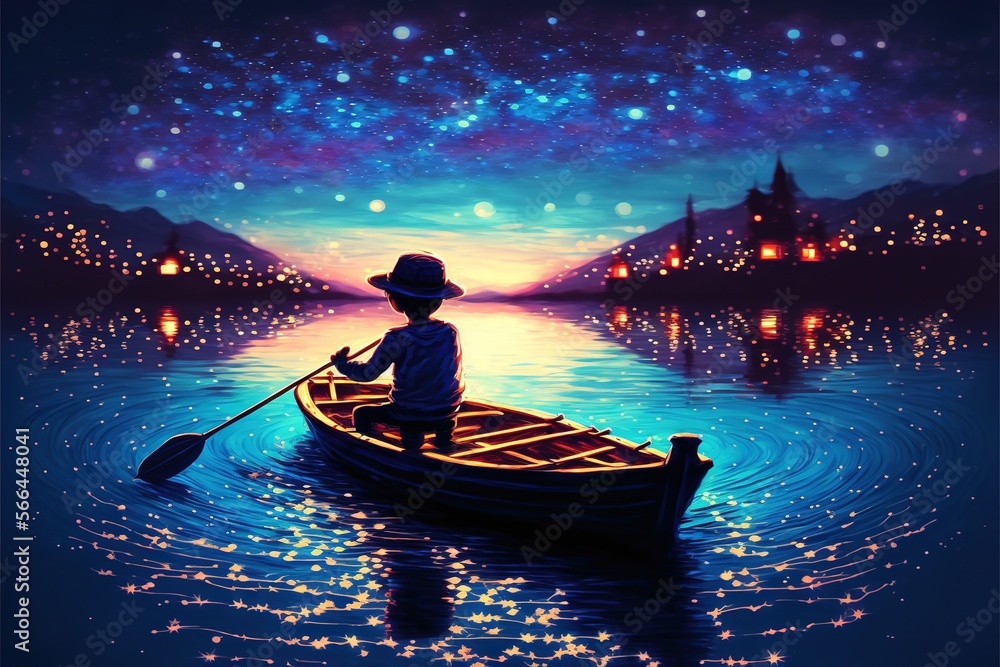 boy rowing a boat in the sea of the starry night with mysterious light ...