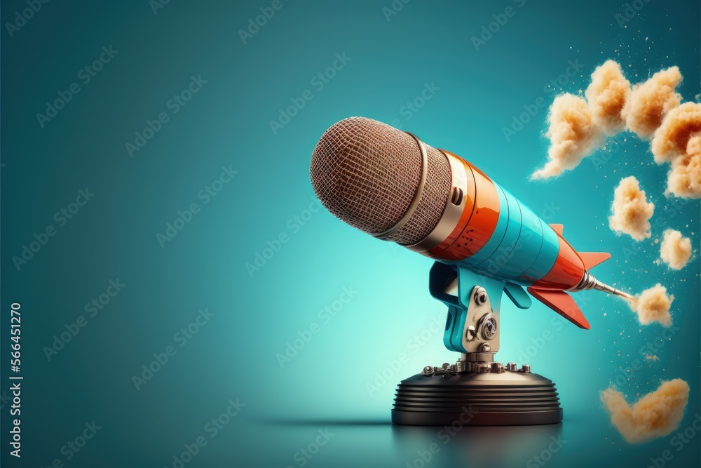 Microphone shaped rocket taking off, successful podcast concept, blue ...