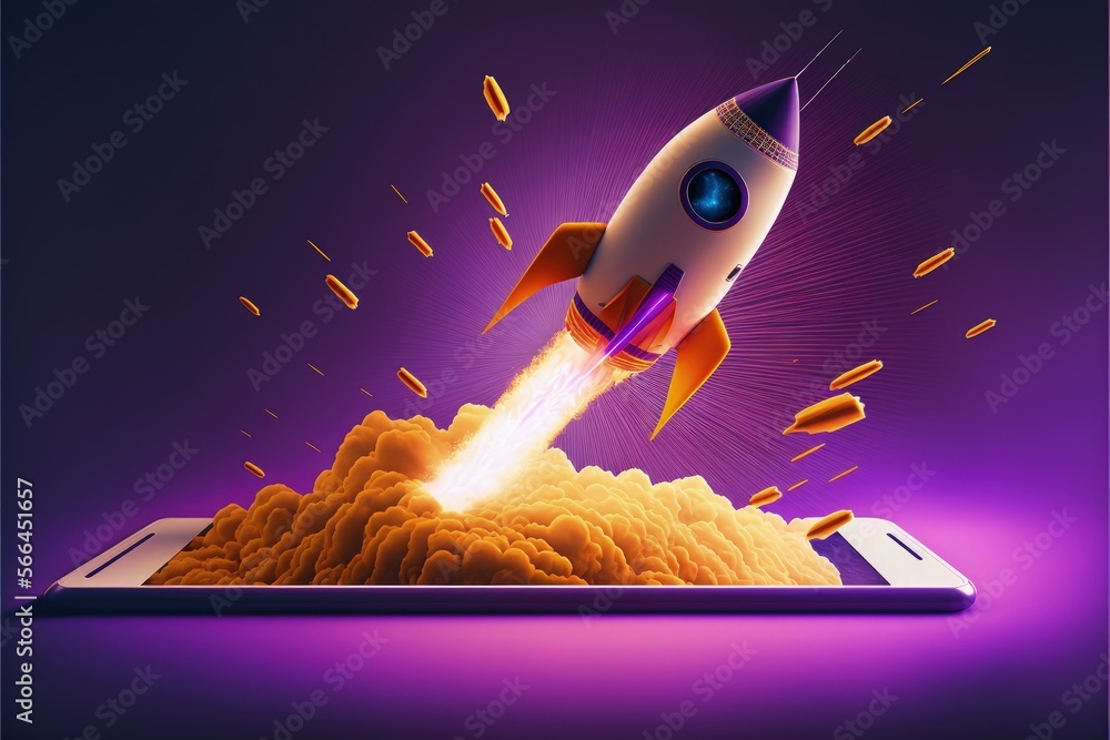 Rocket coming out of mobile phone screen on purple background, startup ...