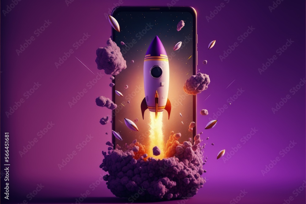 Rocket flying from mobile phone screen on purple background, startup ...