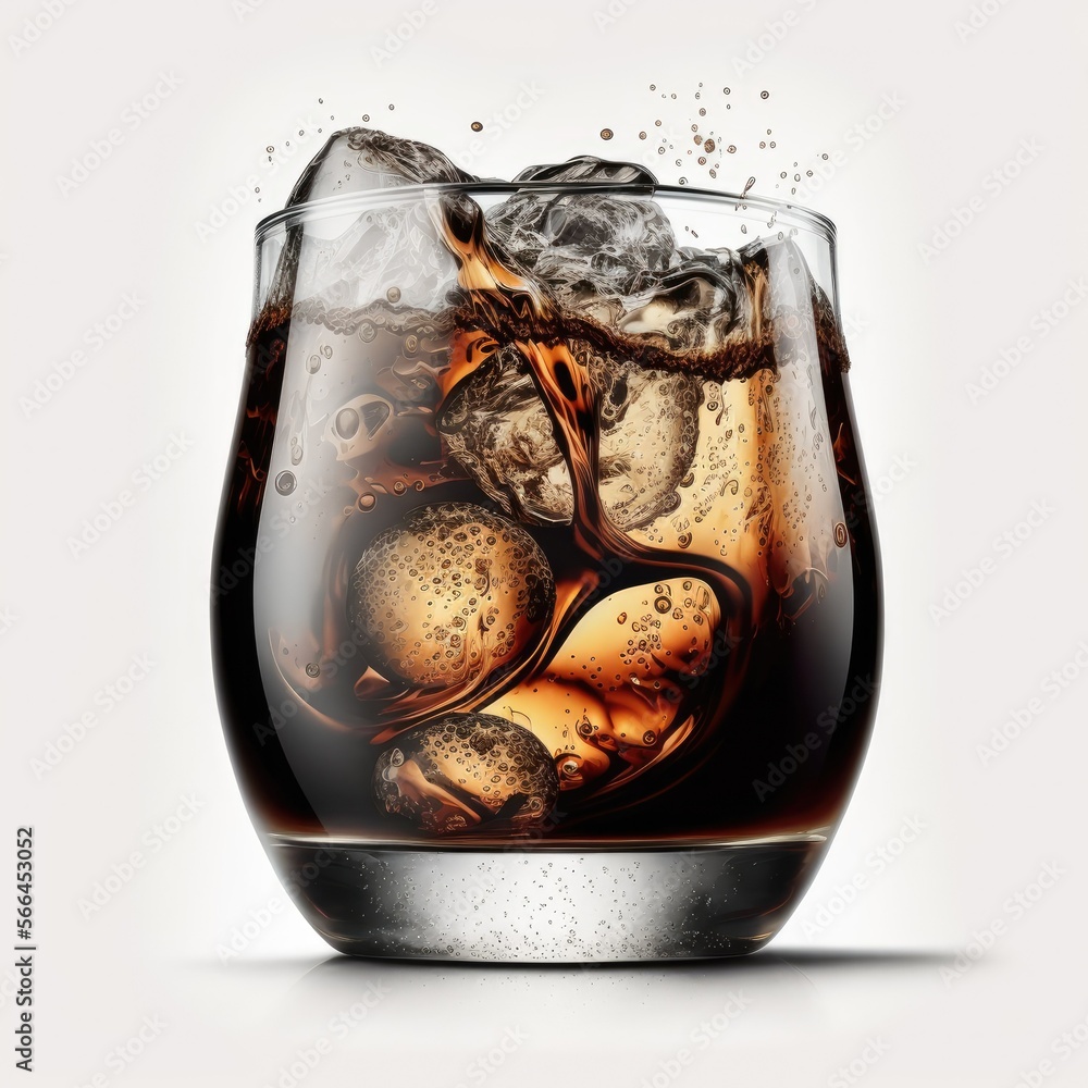 Soda and ice cube in a glass. Cola, ice cube and bubbles. Isolated on white background ...