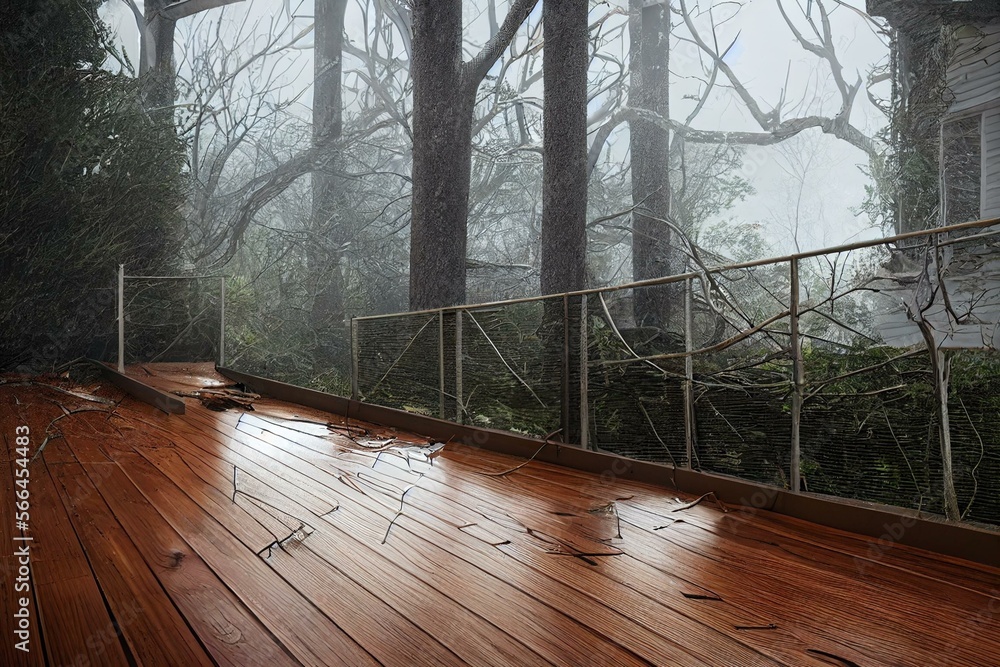 Damage to a white metal fence and guard rail of a deck and ramp from a ...