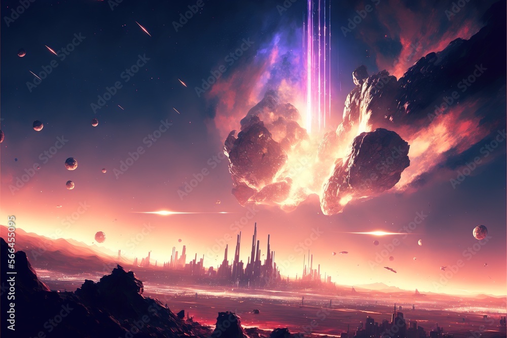 sci-fi scene of the meteorites explodes in the sky above the city ...