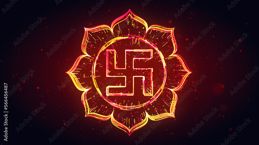 Red Yellow Shiny Swastika Inside Padma Symbol Shape 3d Lines Effect With Tiny Hearts Particles ...