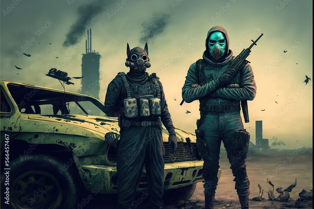 two men wearing gas mask holding sword standing against a vehicle ...