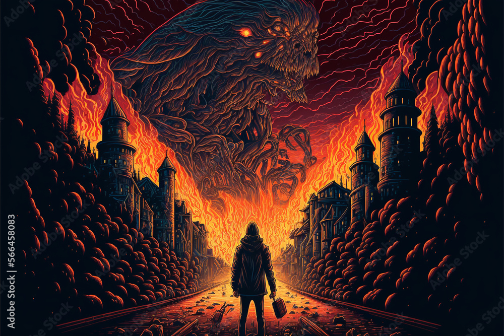 Anime Style Image of a Man Watching as a Huge Demonic Creature Attacks ...