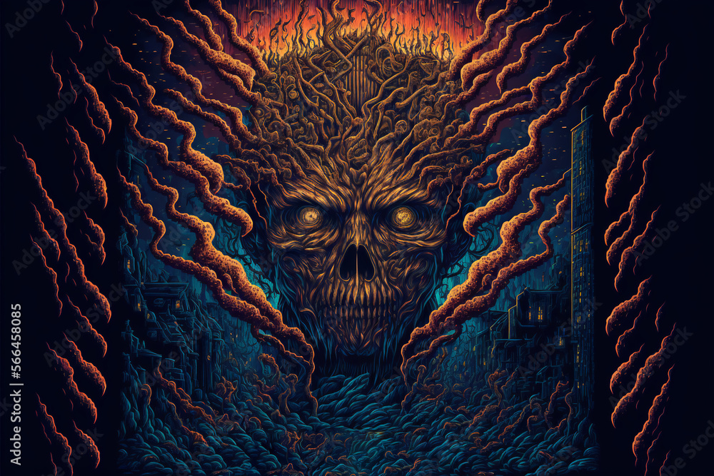 Comic Book Style Image of a Huge Maniacal Demon Skull Face at the Gates ...