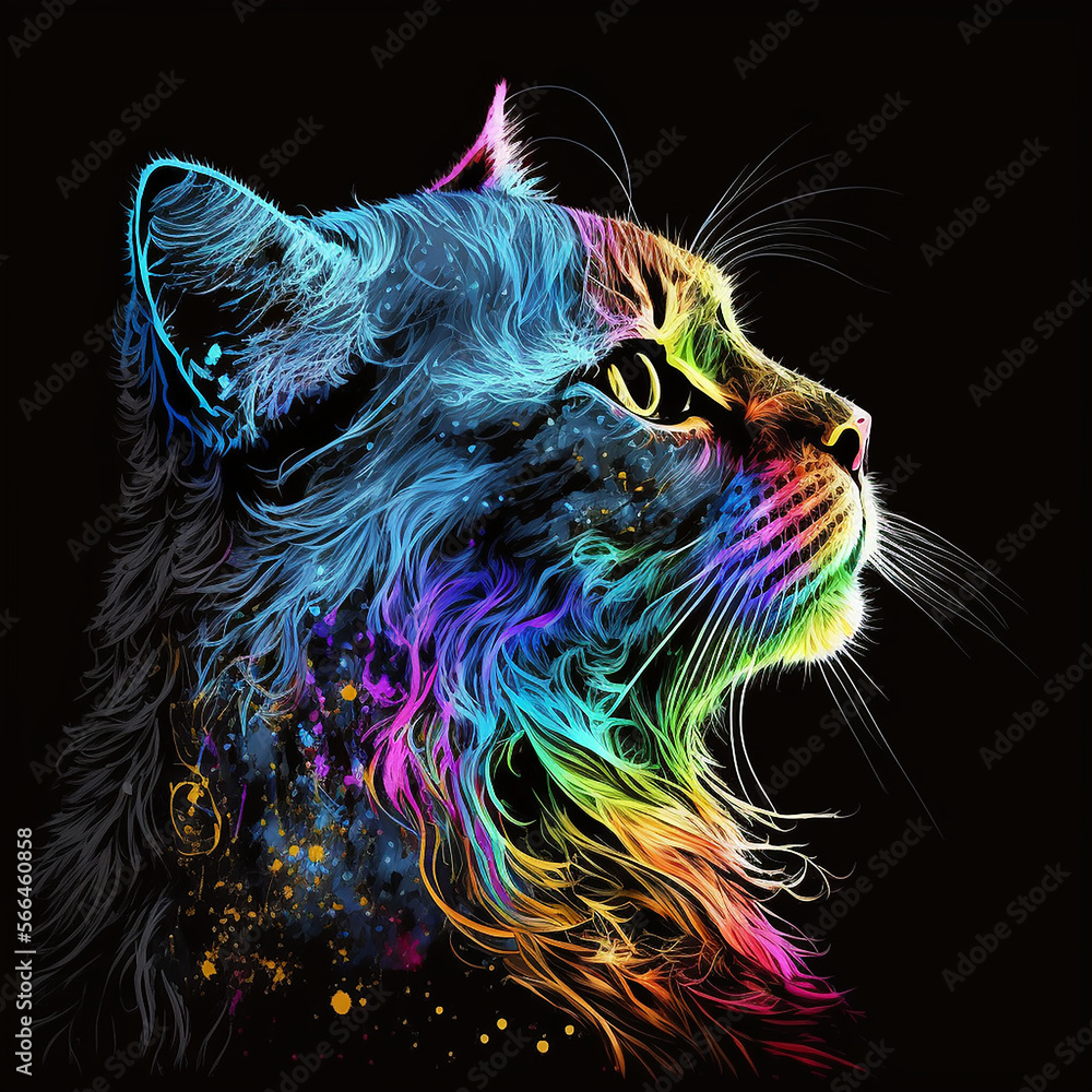 Rainbow colored abstract cat close up on solid black background. Stock ...