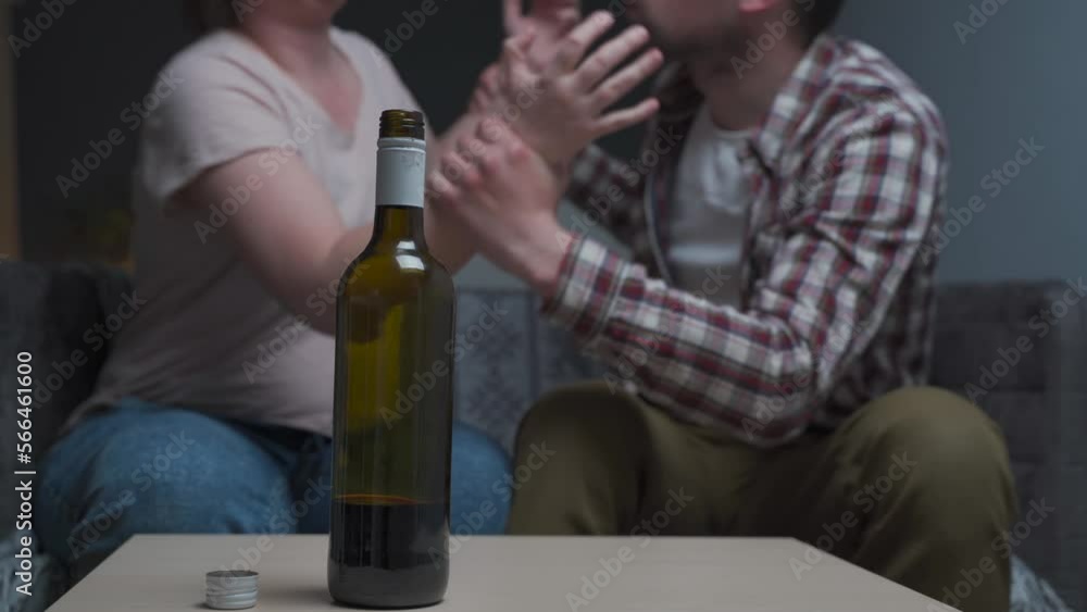 Man and woman couple alcoholic fight at home on couch. Bottle of ...