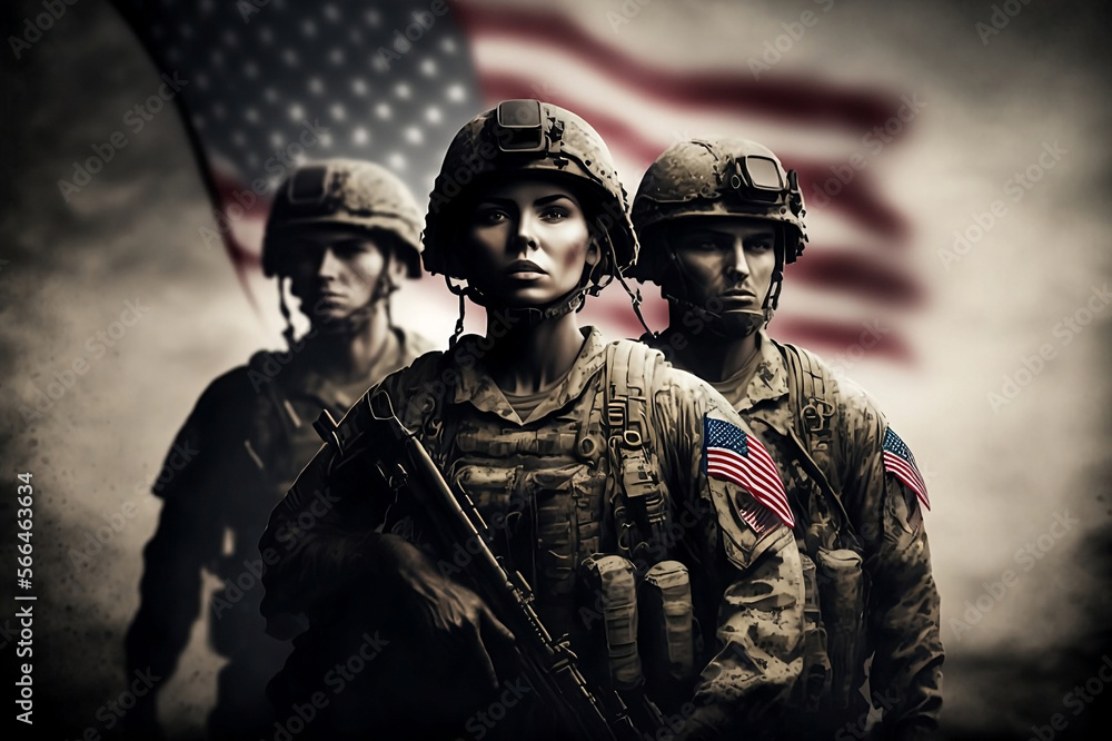 Woman and men soldiers, US flag background, generative ai Stock ...