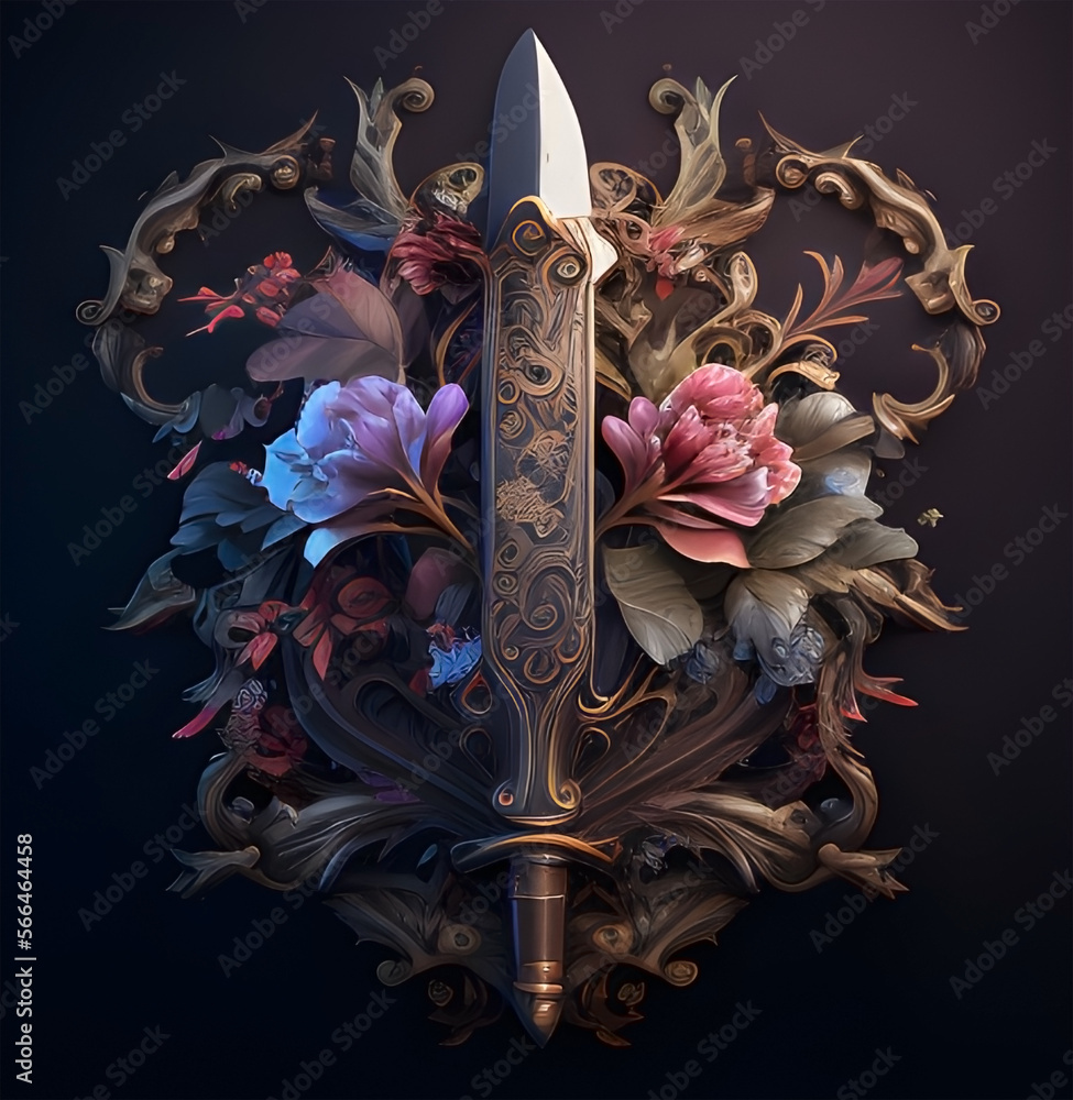 mythical sword of flower warior emblem kingdom, fantasy asset, elegant ...