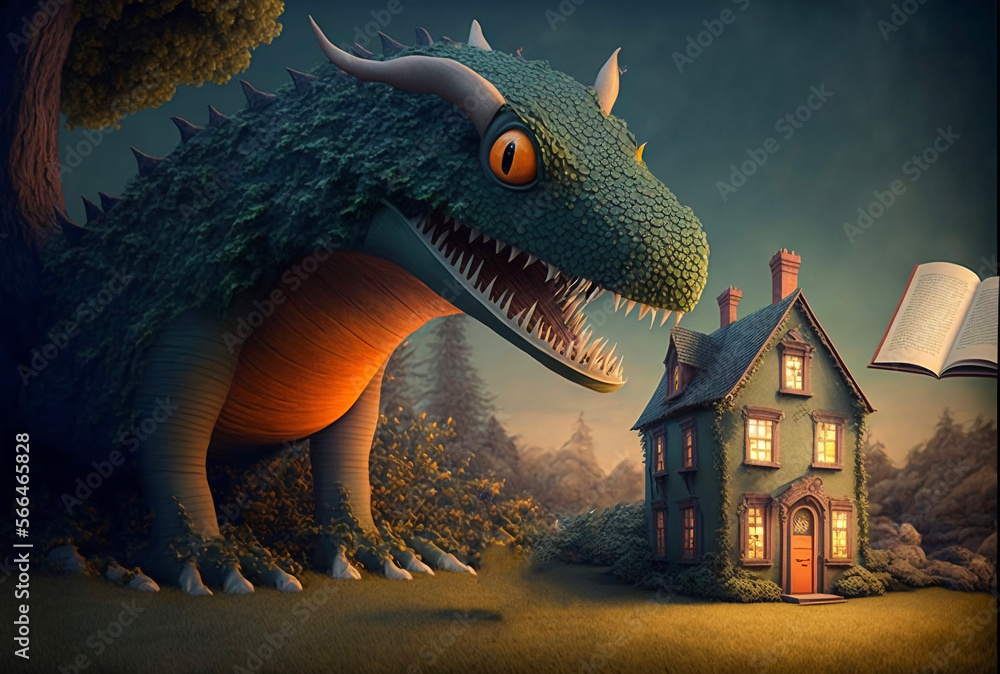 Joy of Reading. Storybook Dragon Outside of Picturesque Cottage with an ...