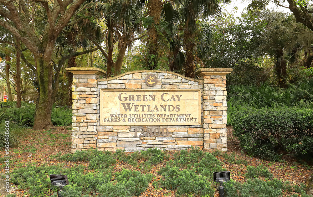 Entrance sign to Green Cay Wetlands. Green Cay is a 1000 acre nature ...