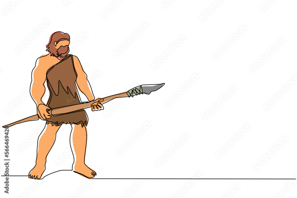 Vetor de Continuous one line drawing caveman standing and holding big ...