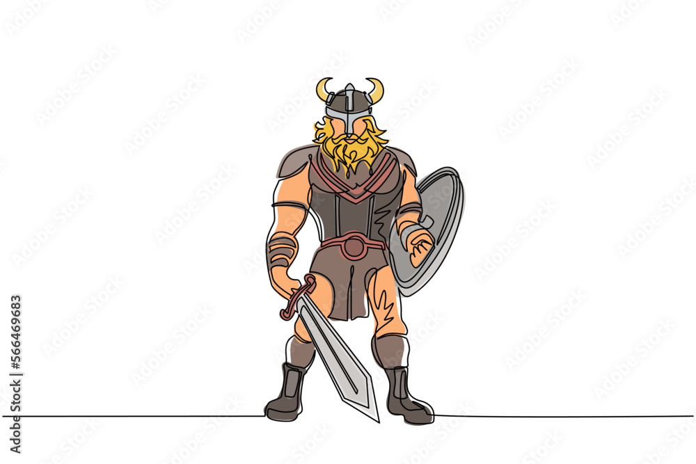 Single continuous line drawing man warrior viking in horned helmet ...