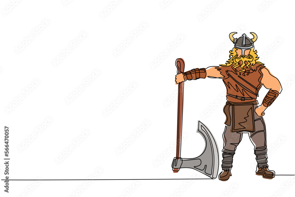 Continuous one line drawing male viking with strong physique and ...
