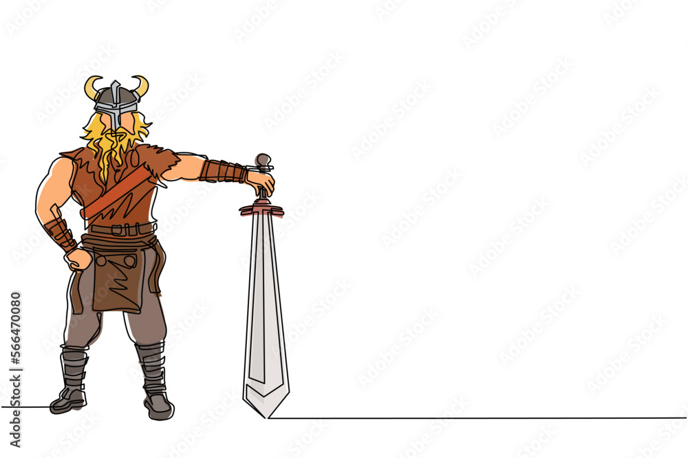 Single one line drawing male viking with strong physique and bellicose ...