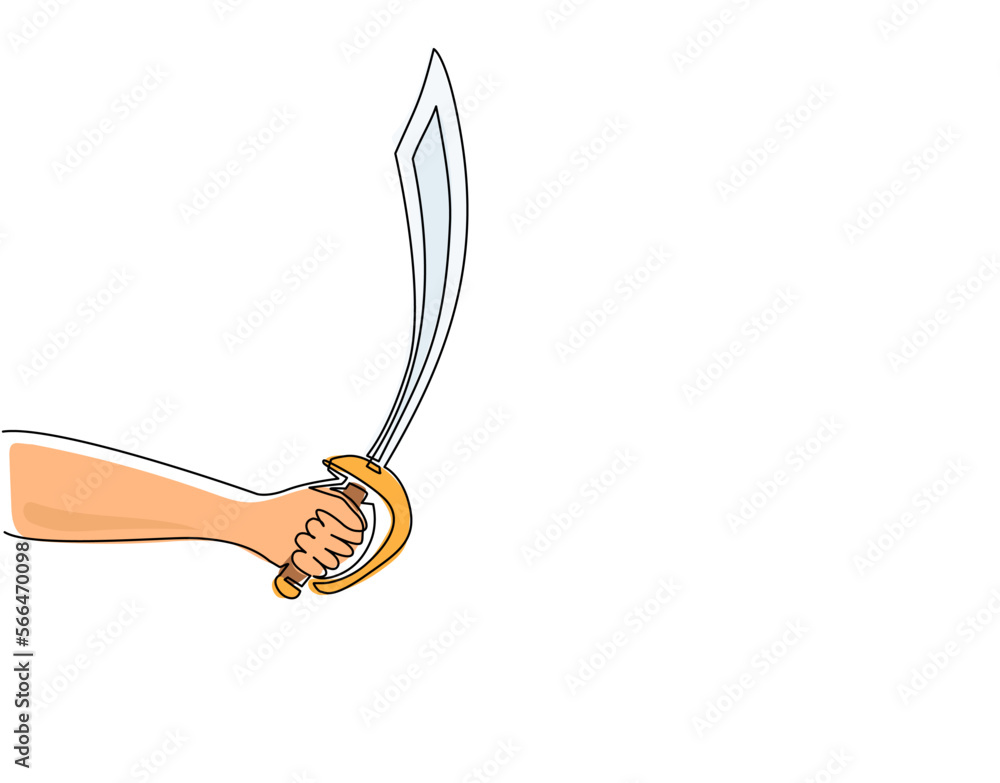 Single continuous line drawing hand holding cutlass pirate saber ...