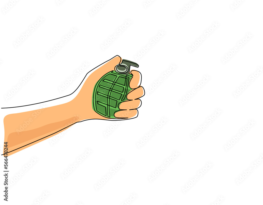 Single one line drawing hand holding grenade. Army explosive weapon ...