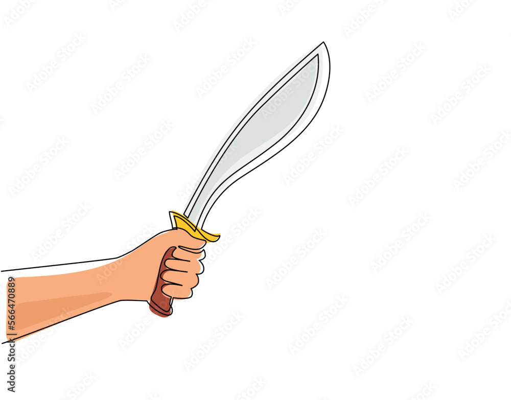 Single continuous line drawing man hand hold machetes knife with curved ...