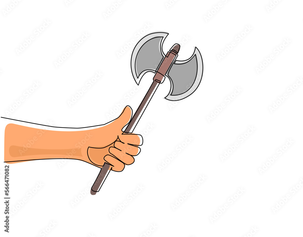 Single continuous line drawing hand holding battle axe with handle ...