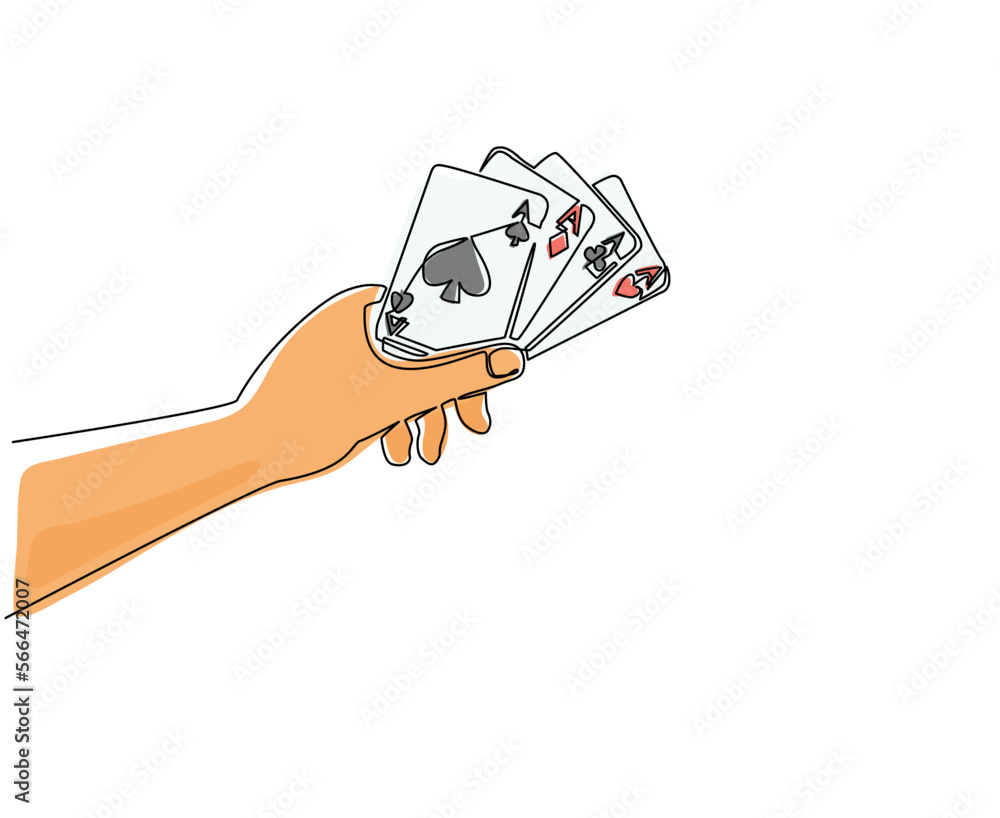 Single one line drawing hand holding four aces, poker playing card ...