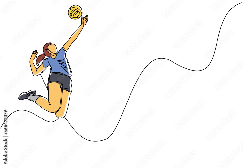 Continuous one line drawing young female professional volleyball player ...