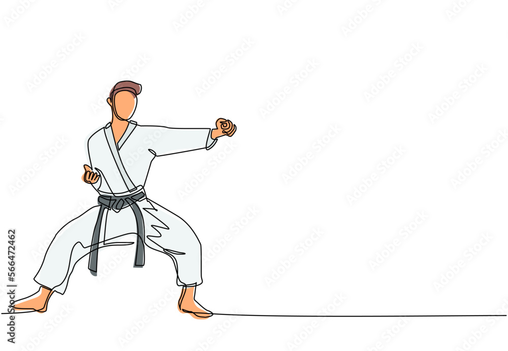 Single one line drawing young talented karateka man train with punch ...