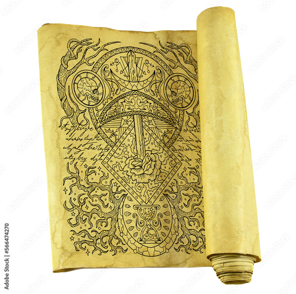 Old book page with hand drawn mystic illustration and symbols for witch ...