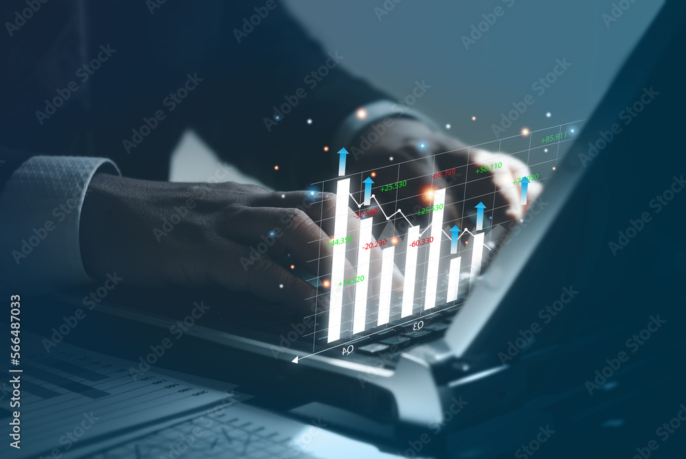 Businessman using virtual graphical analysis computer forecasting ...