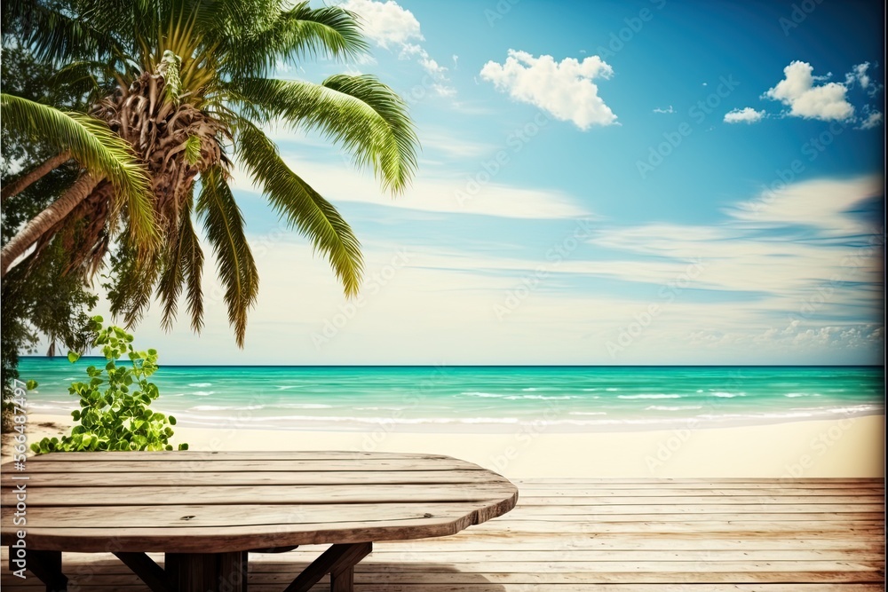 Tropical beach background with a wooden table on the forefront and lush ...