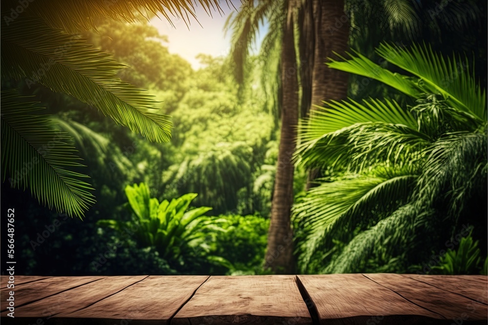 Tropical background with a wooden table on the forefront and lush ...