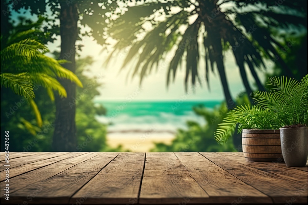 Tropical background with a wooden table on the forefront and lush ...