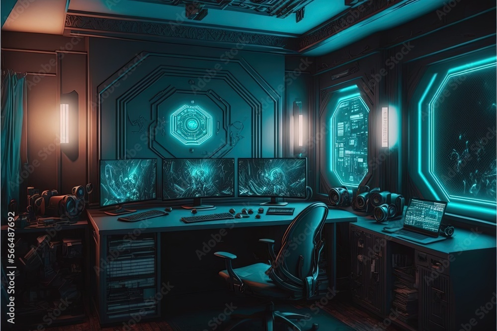 Spectacular gaming room interior, gaming pc, gaming desk, game setup ...